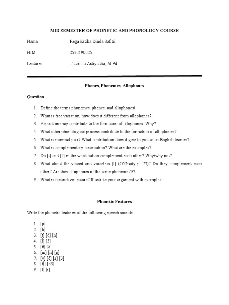 Mid Semester of Phonetic and Phonology Course | PDF | Phoneme | Phonology