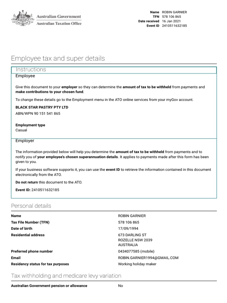 Employee Tax and Super Details: Instructions | PDF