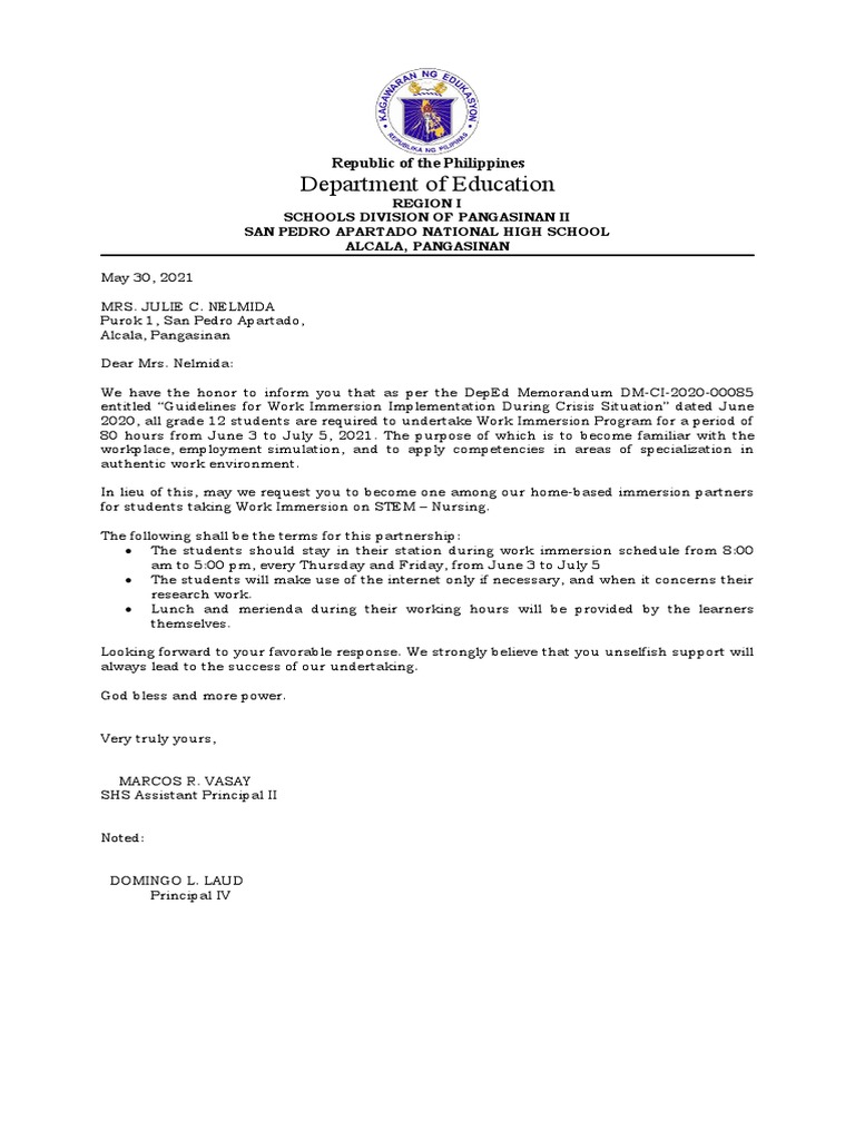 Work Immersion Letter | PDF