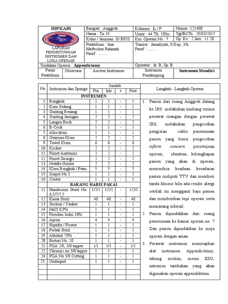 Hipkabi: Laporan Penghitungan Instrumen Dan Luka Operasi | PDF