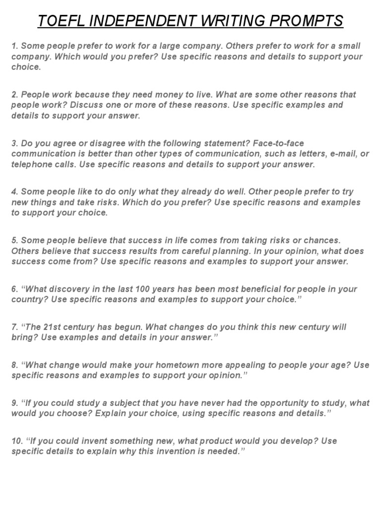 TOEFL Independent Writing Prompts | PDF