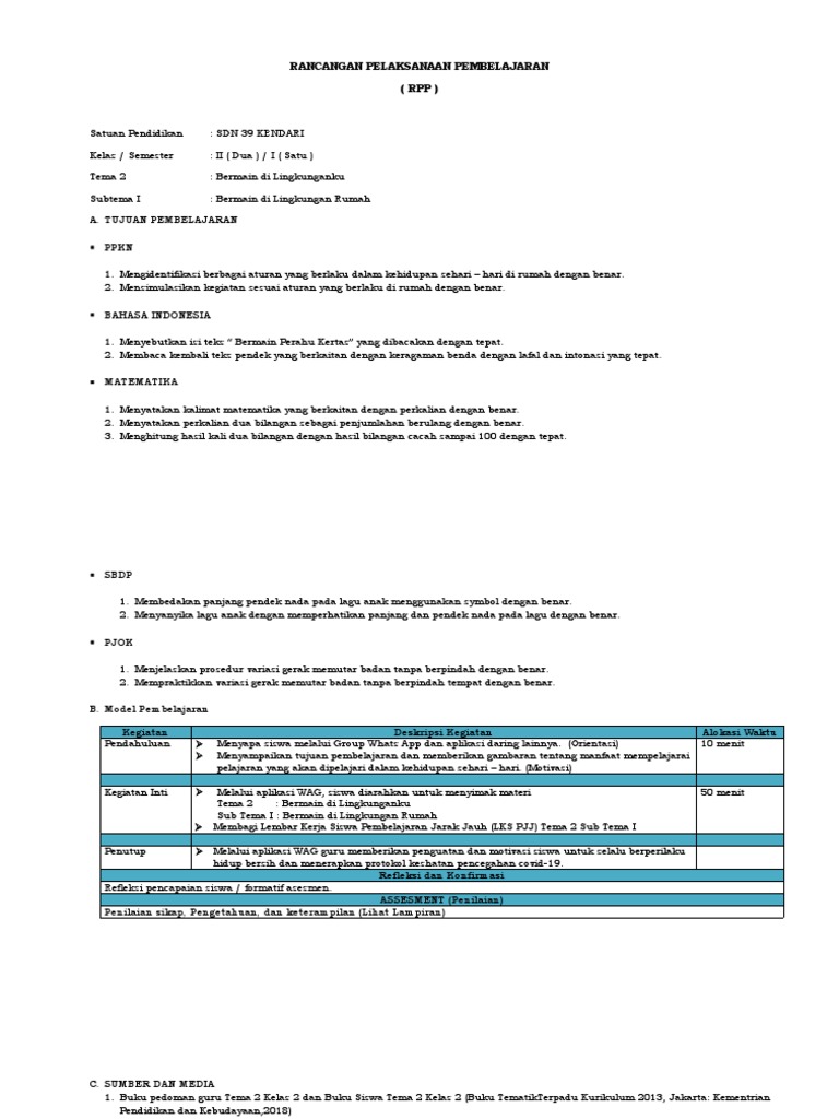 Rancangan Pelaksanaan Pembelajaran SDN 39 Kdi | PDF