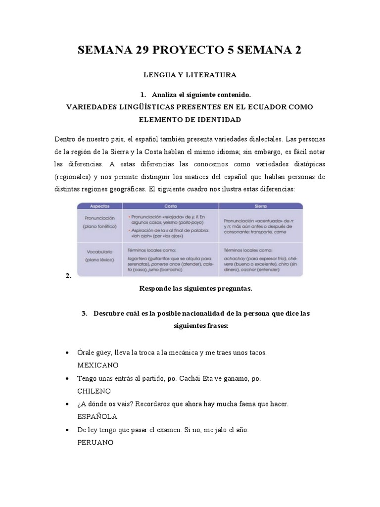 Semana 29 Proyecto 5 Semana 2 Lengua y Liter | PDF | Ecuador | Lingüística