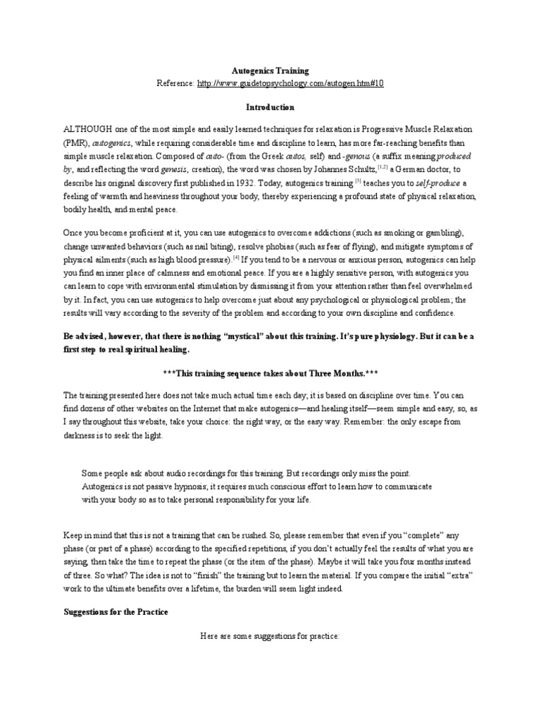 Autogenics Training | Download Free PDF | Relaxation (Psychology) | Anxiety