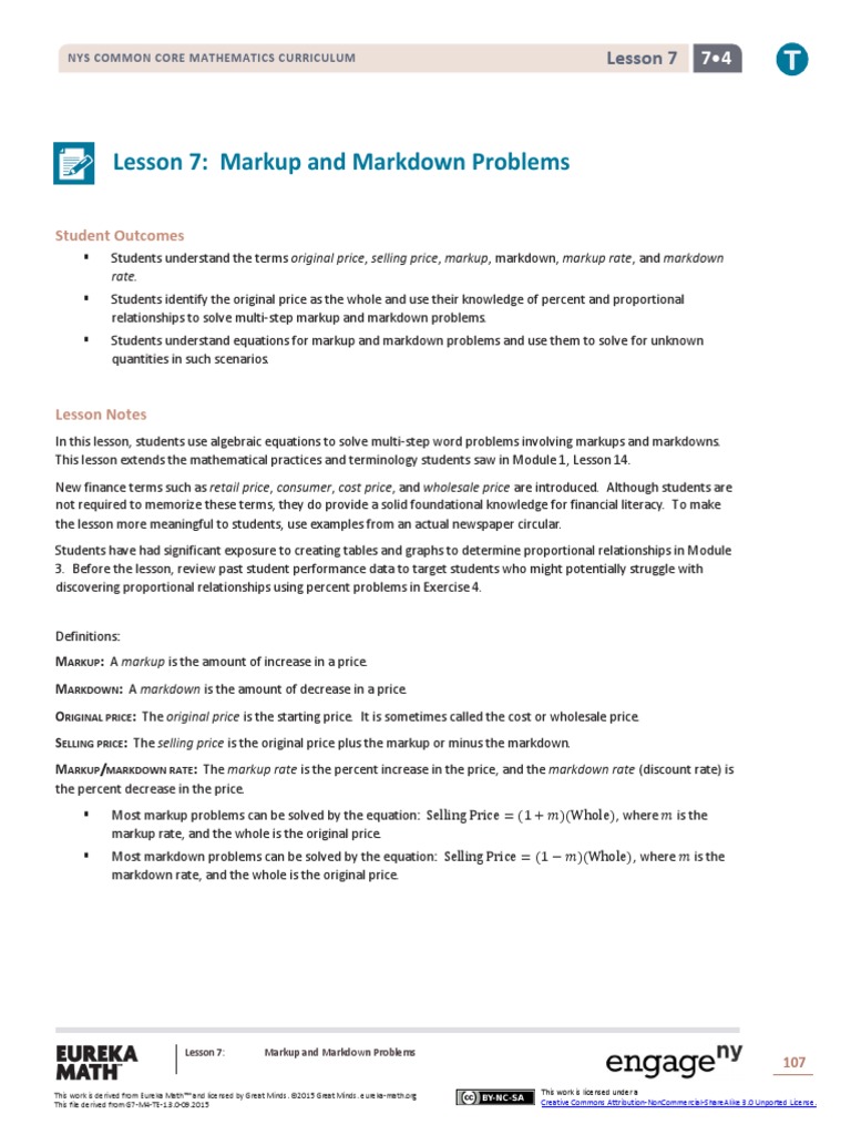 Lesson 7: Markup and Markdown Problems: Student Outcomes | PDF | Prices ...