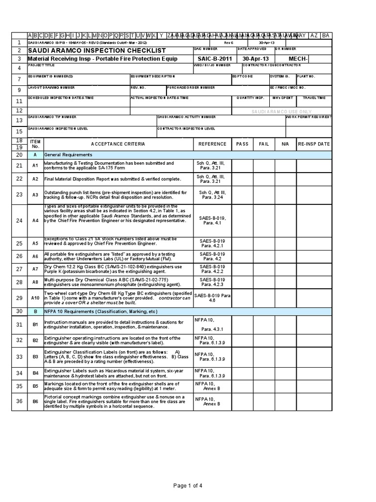 Portable Fire Extinguisher Inspection Checklist for Material Receiving ...