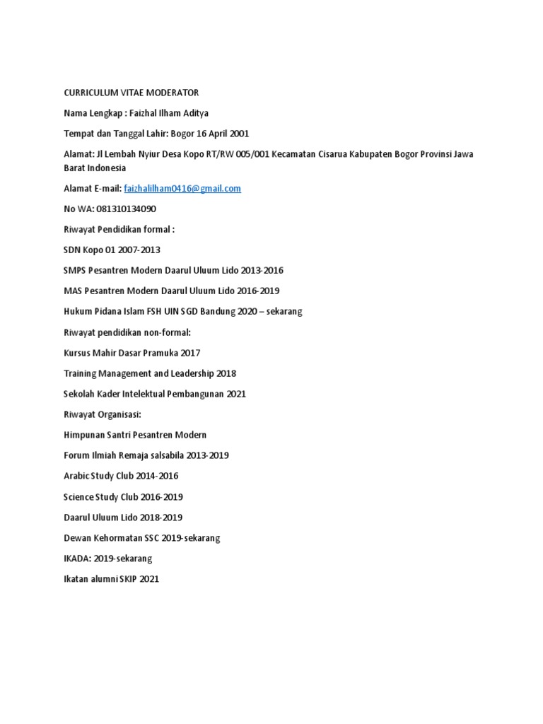 CV Moderator Faizhal Ilham | PDF | Olahraga & Rekreasi
