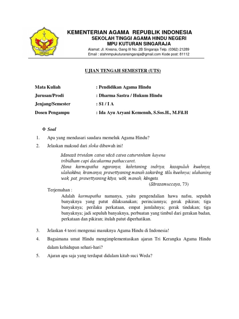 UTS Pendidikan Agama Hindu S1 | PDF