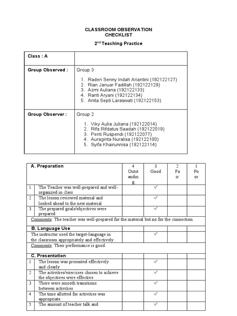Classroom Observation Checklist Report | PDF | Teachers | Classroom