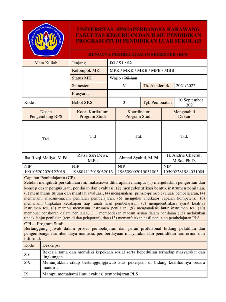 RPS Evaluasi Pembelajaran PLS | PDF