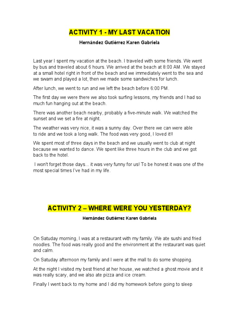 Activity 1 - My Last Vacation: Hernández Gutiérrez Karen Gabriela | PDF ...