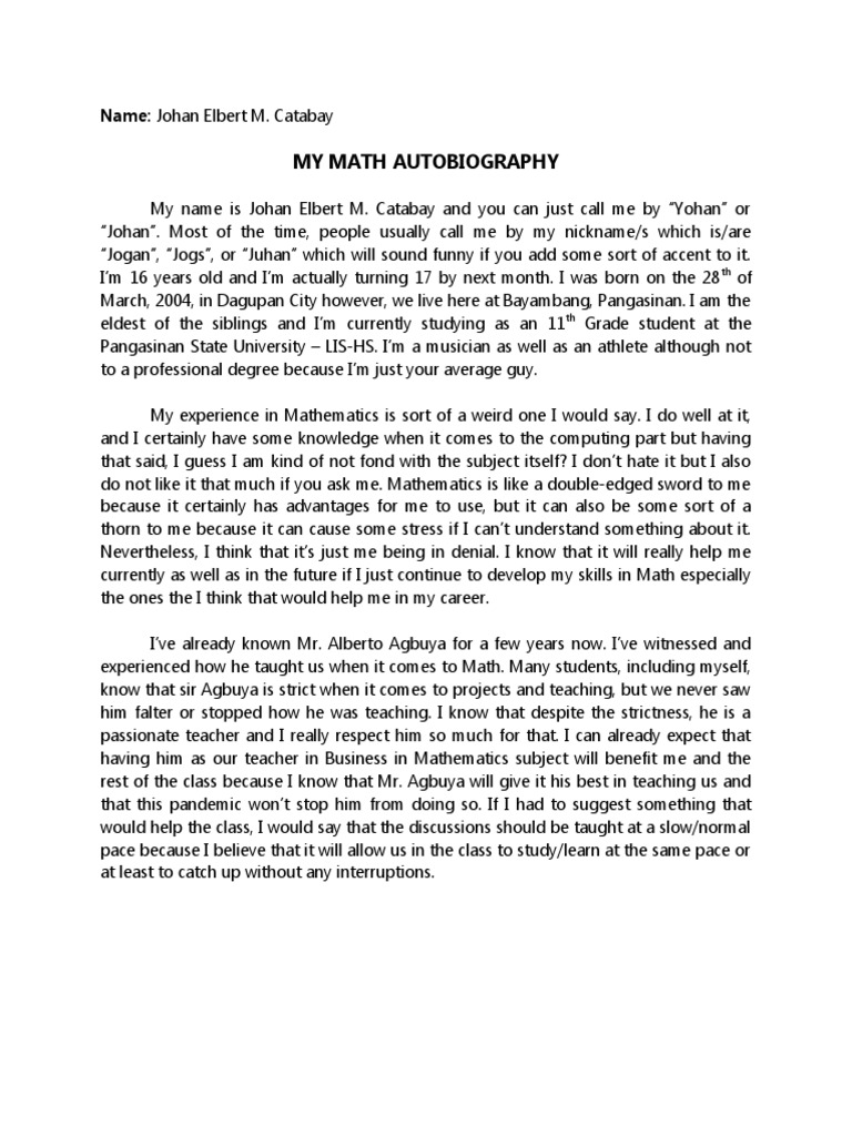My Math Autobiography: Name: Johan Elbert M. Catabay | PDF