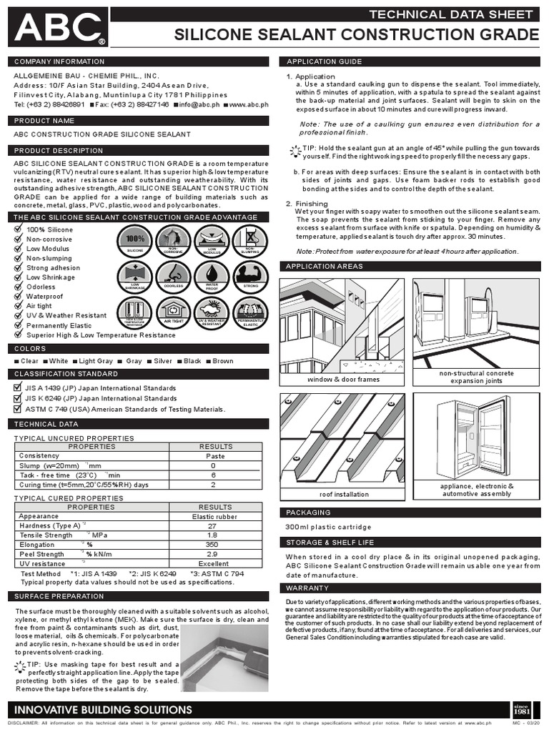 Silicone Sealant Construction Grade Technical Data Sheet 2020 | PDF ...