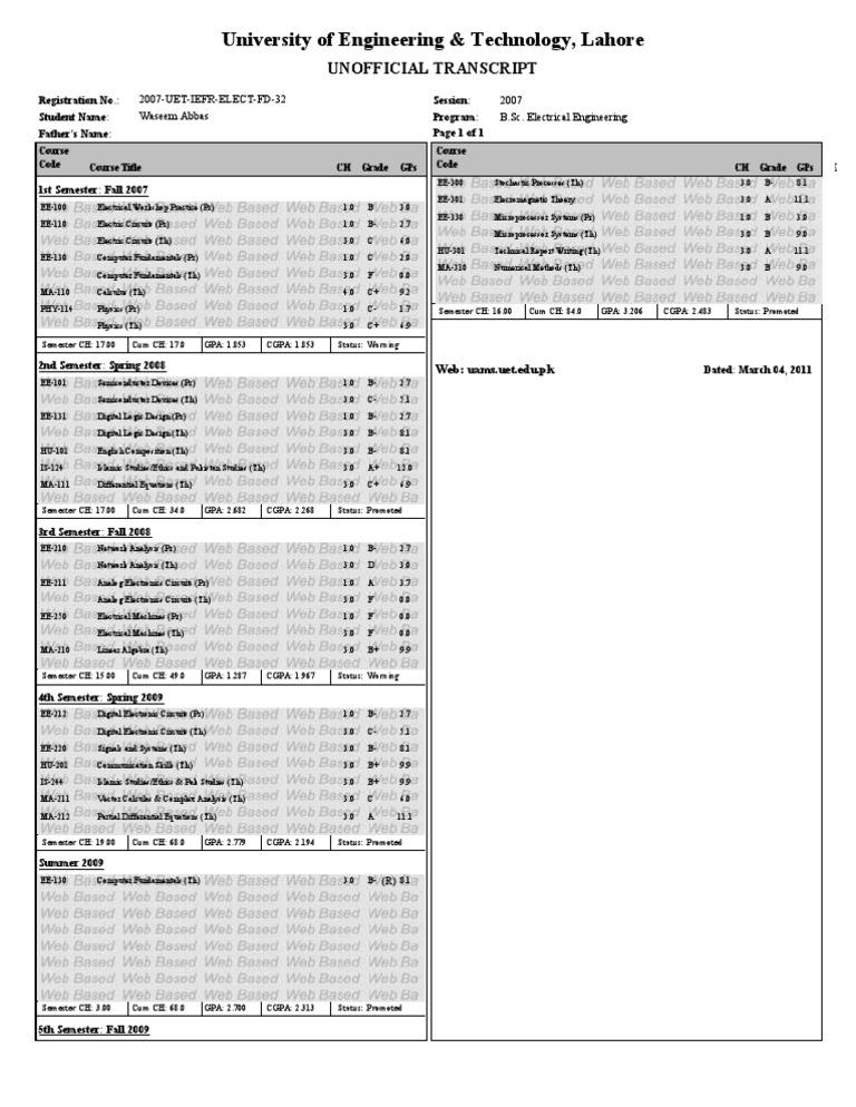 UET Lahore Electrical Engineering Transcript | PDF | Electronic ...