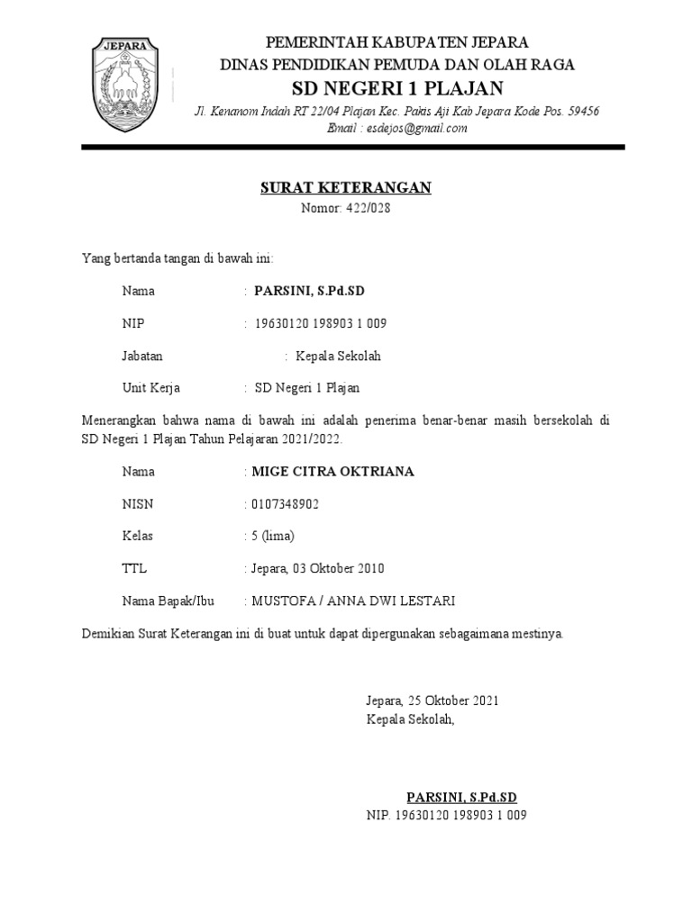 Surat Keterangan Popda | PDF