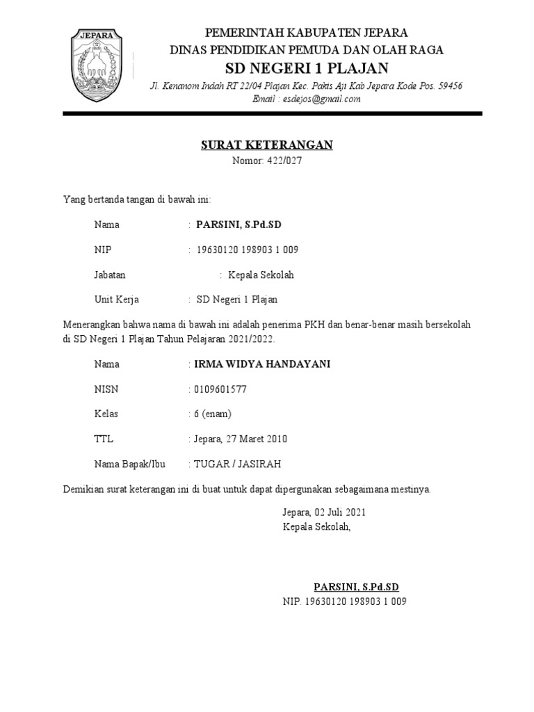 Surat Keterangan PKH | PDF