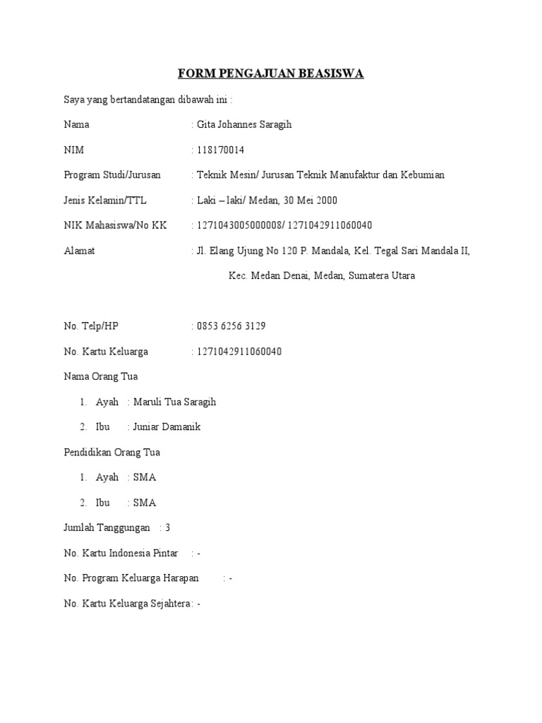 Form Pengajuan Beasiswa | PDF