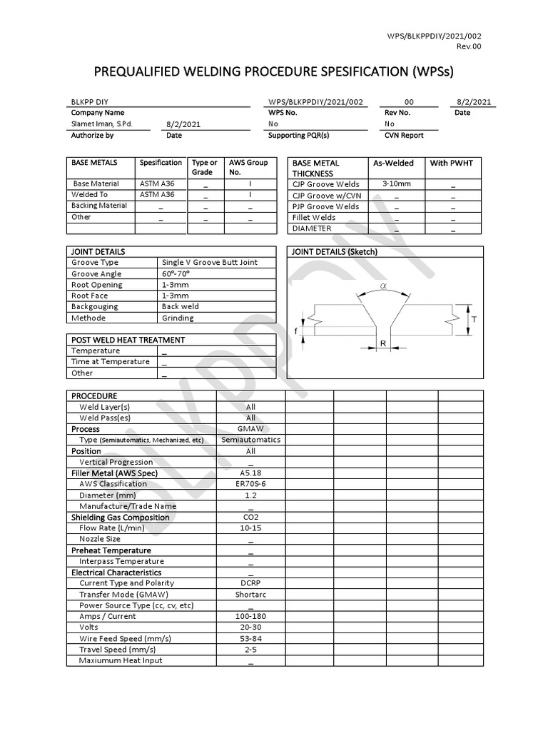 Welding Procedure Specification for Semiautomatic Gas Metal Arc Welding of 3-10mm Butt Joints in ...