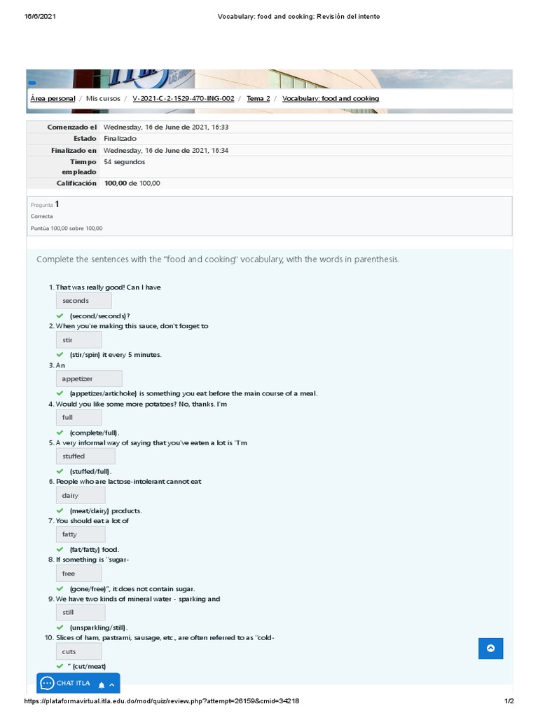 Food and Cooking Vocabulary Quiz | PDF | Nutrition | Diet & Nutrition