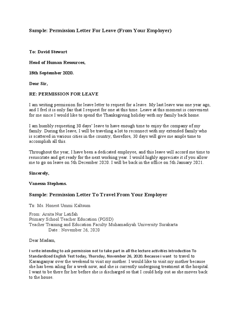 Sample: Permission Letter For Leave (From Your Employer) | PDF