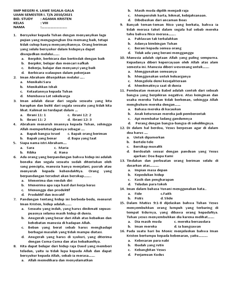 Soal PAK Kelas VIII Ganjil 2020 | PDF | Agama & Spiritualitas