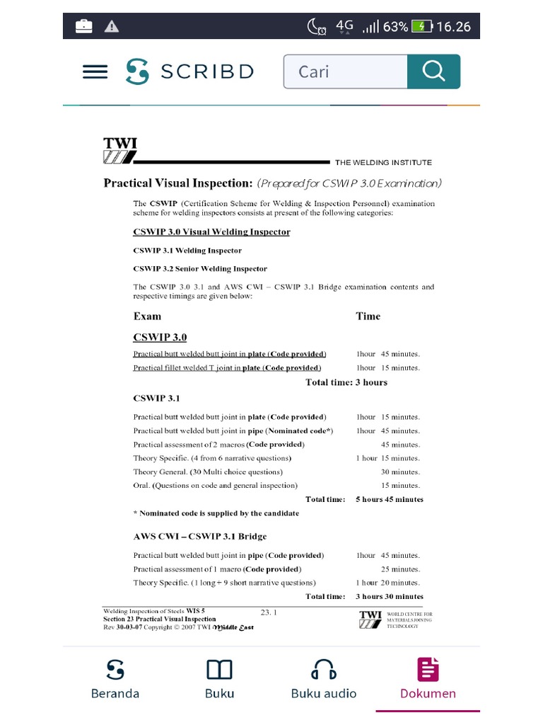 CSWIP 3.0 Practical Test | PDF