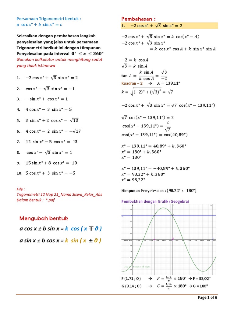 Soal Dan Pembahasan Tugas Persamaan Trigonometri 12 Nop 2021 Contoh | PDF