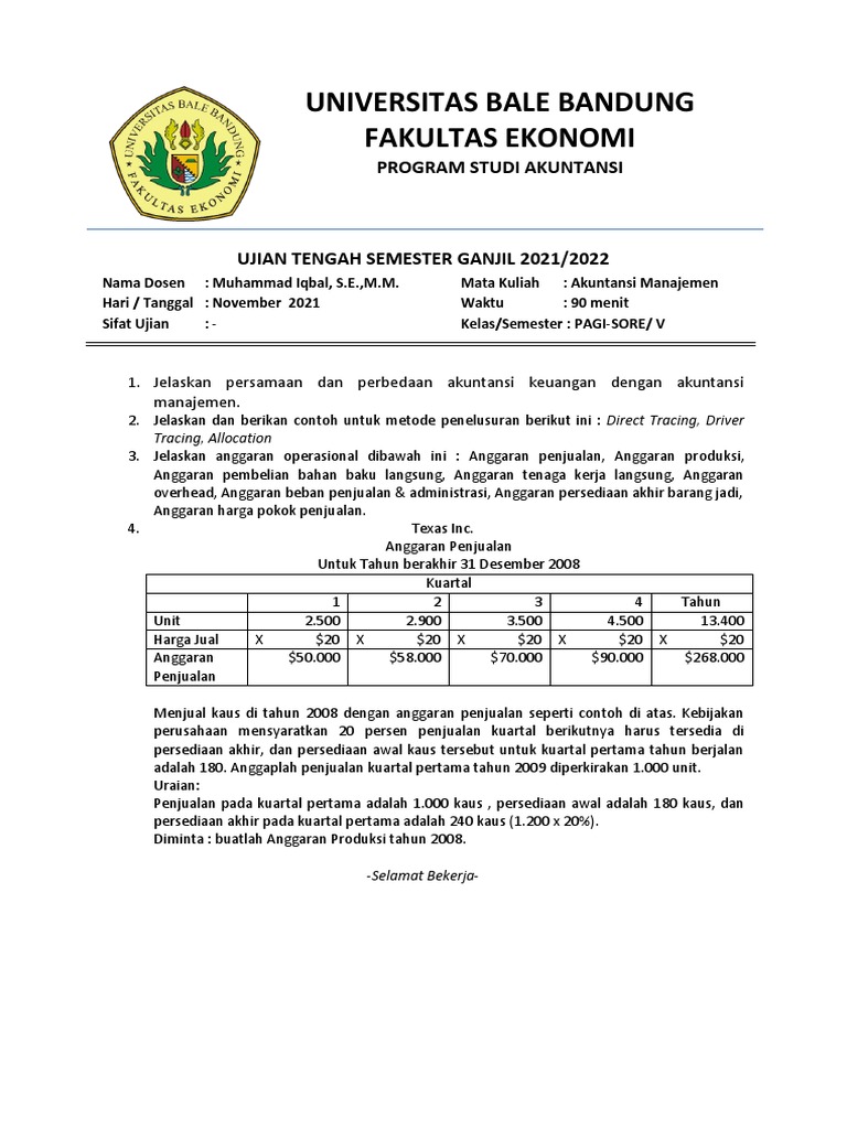 Soal Uts Ganjil 2021-2022 Akunt Manajemen | PDF