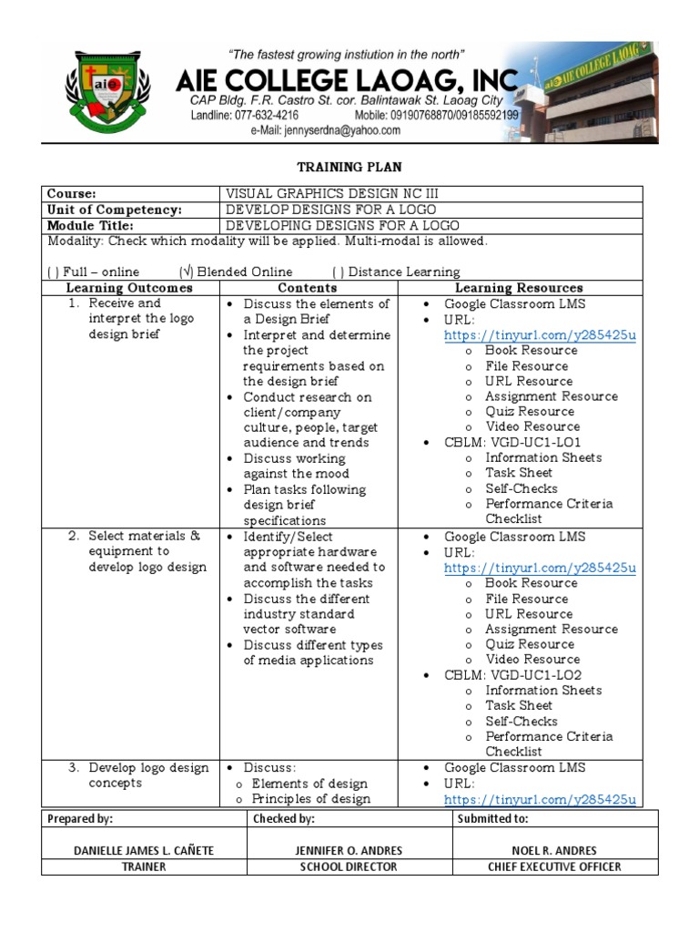 Training Plan Course: Unit of Competency: Module Title | PDF | Design ...