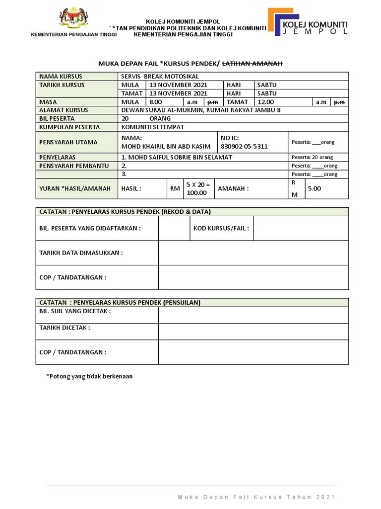 1 - Muka Depan Fail Kursus | PDF