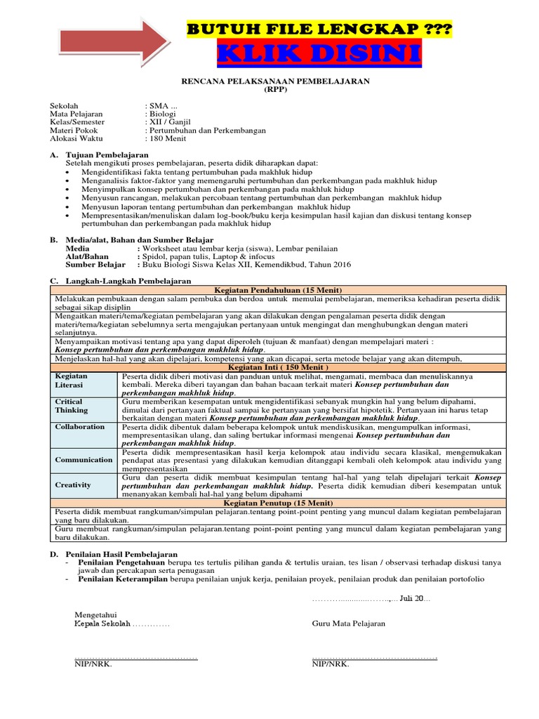 RPP Biologi 1 Lembar | PDF