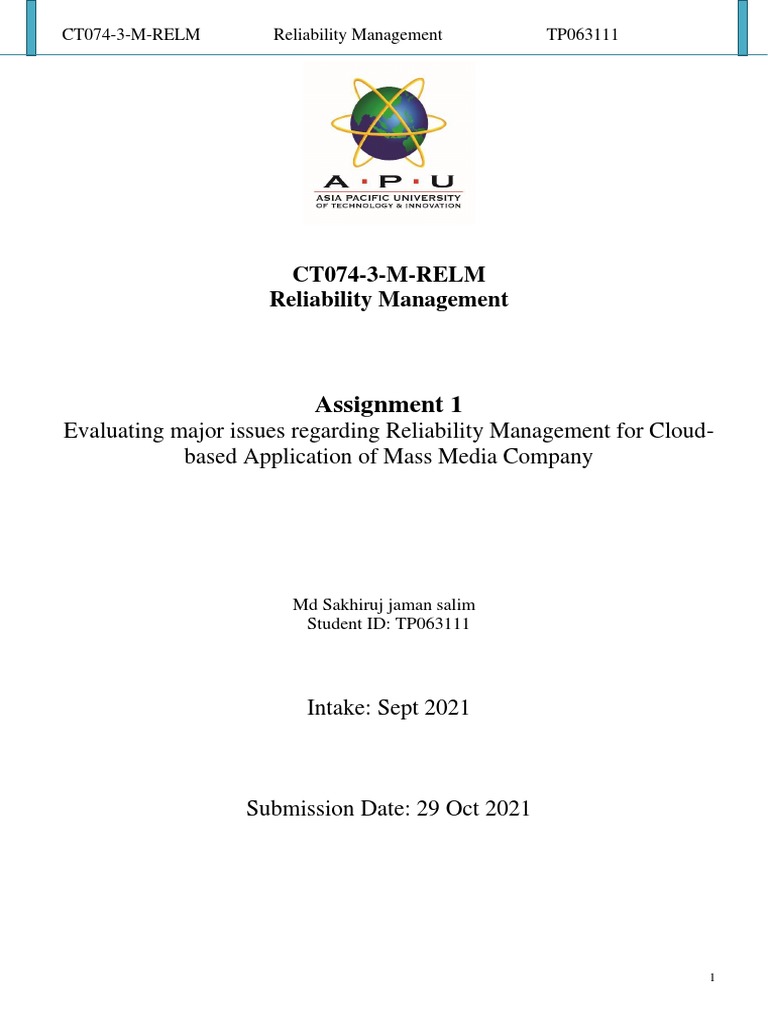 Assignment 1: CT074-3-M-RELM Reliability Management | PDF | Cloud ...