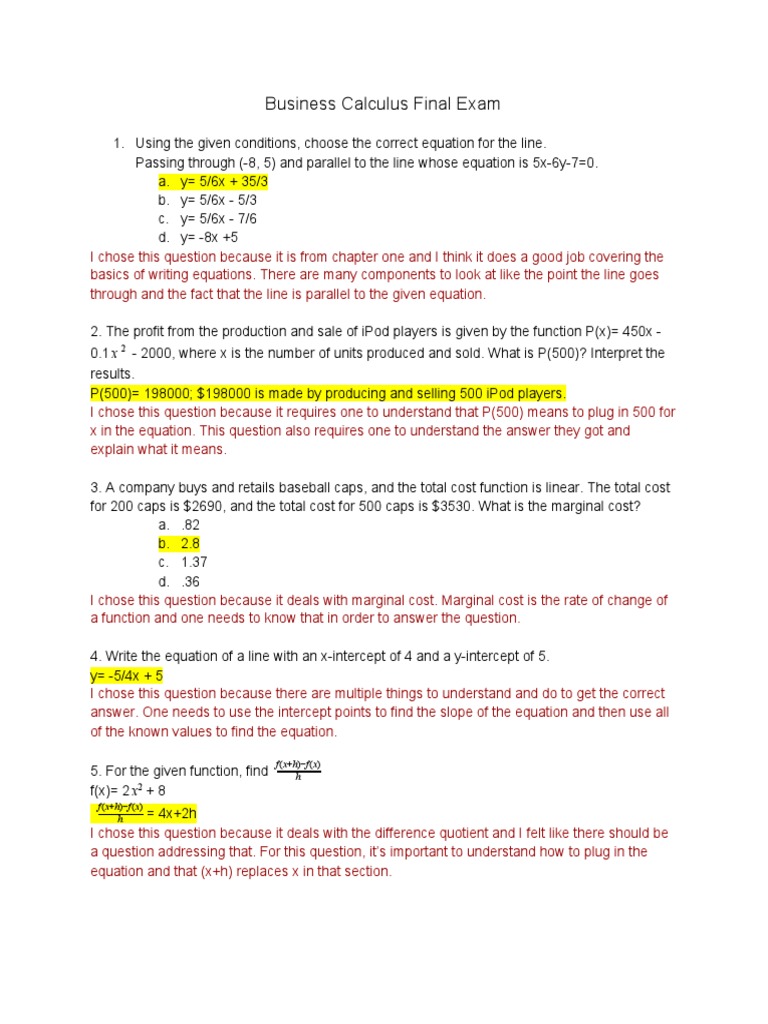 Business Calculus Final Exam 1 | PDF | Demand | Prices