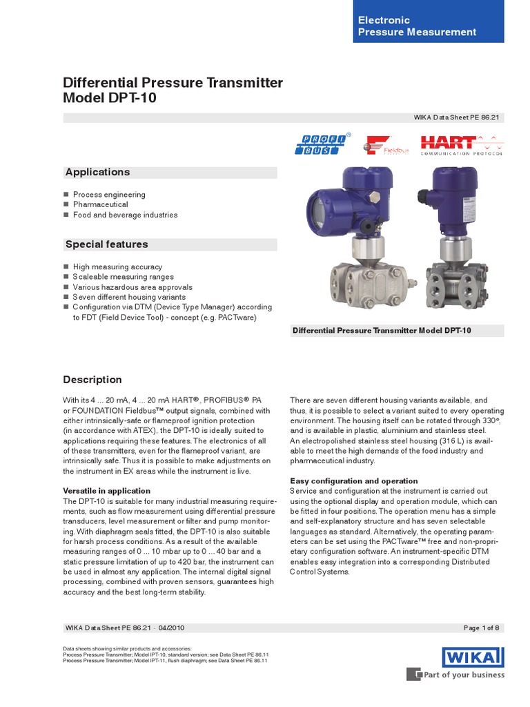 Differential Pressure Transmitter Model DPT-10: Applications | PDF ...