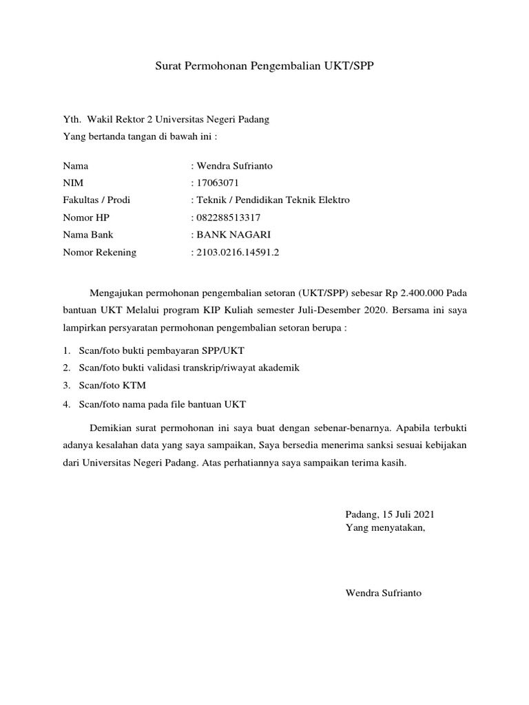 Surat Permohonan Pengembalian UKT Wendra Sufrianto | PDF