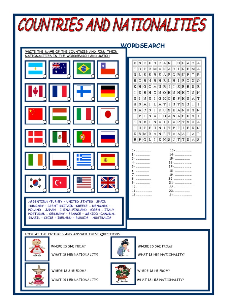 Country and Nationality Word Search | PDF | Foreign Language Studies