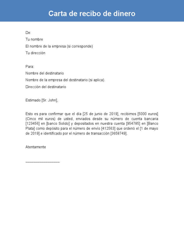 Ejemplo de carta de recibo de dinero | PDF | Finanzas y dinero