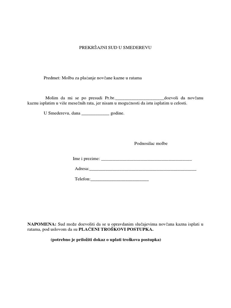 KAKO IZGLEDA Molba Za Placanje Novcane Kazne Na Rate Lat | PDF