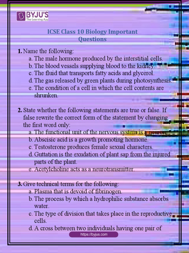 ICSE Class 10 Biology Important Questions | PDF | Meiosis | Photosynthesis