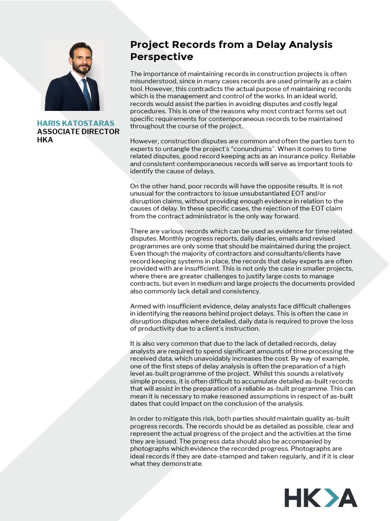 Project Records From A Delay Analysis Perspective: Haris Katostaras ...