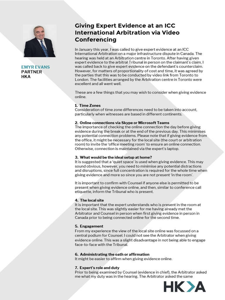 Giving Expert Evidence at An ICC International Arbitration Via Video ...