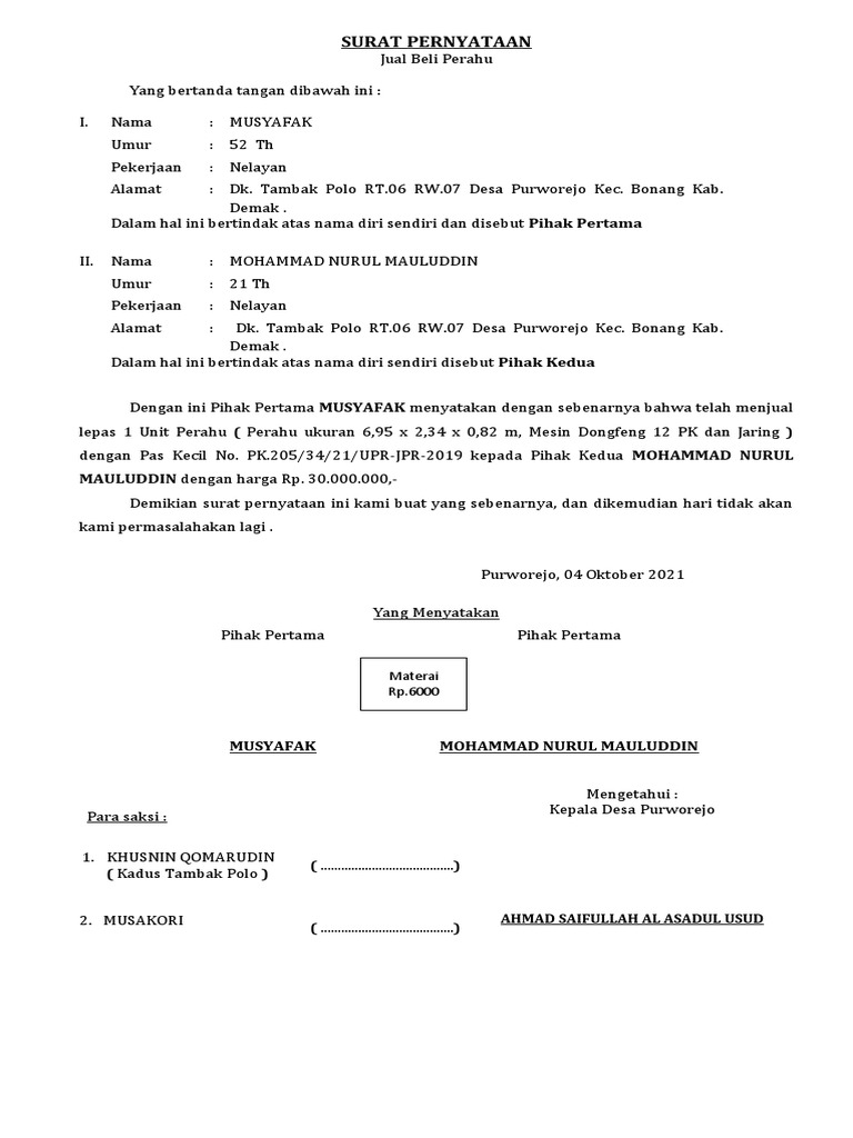 Surat Pernyataan Jual Beli Perahu | PDF