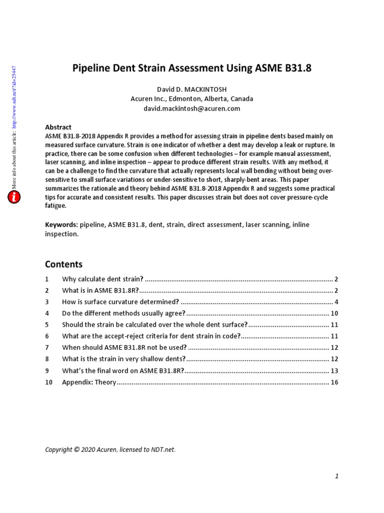 Pipeline Dent Strain Assessment Using ASME B31.8 | PDF | Pipe (Fluid ...