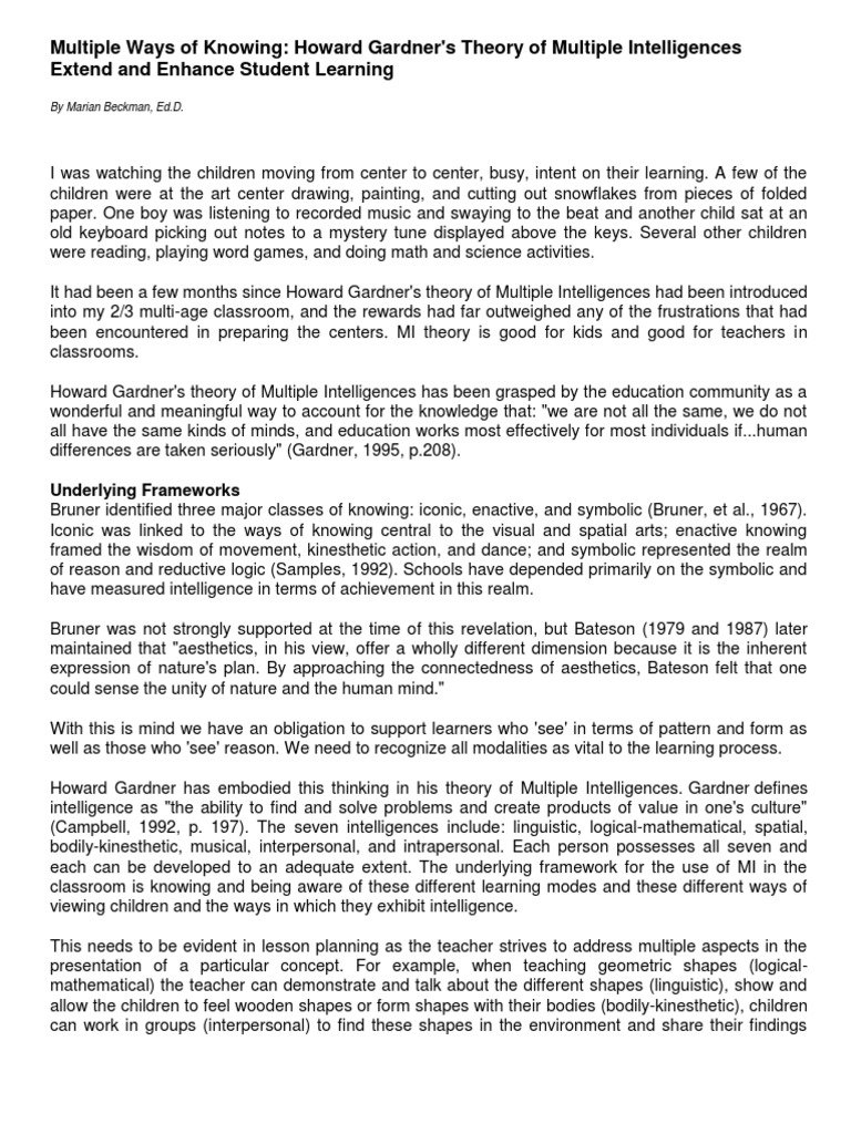 Multiple Pathways to Learning: Implementing Howard Gardner's Theory of ...