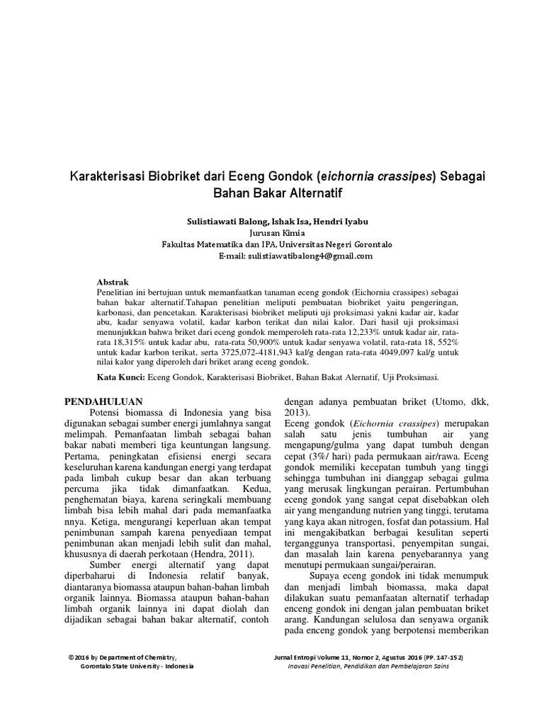 Karakterisasi Biobriket Dari Eceng Gondo 02c0eccf | PDF