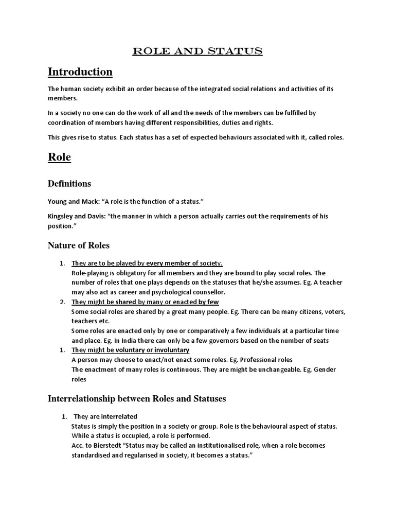 Roles and Status Full Notes | PDF | Cognition | Human Nature