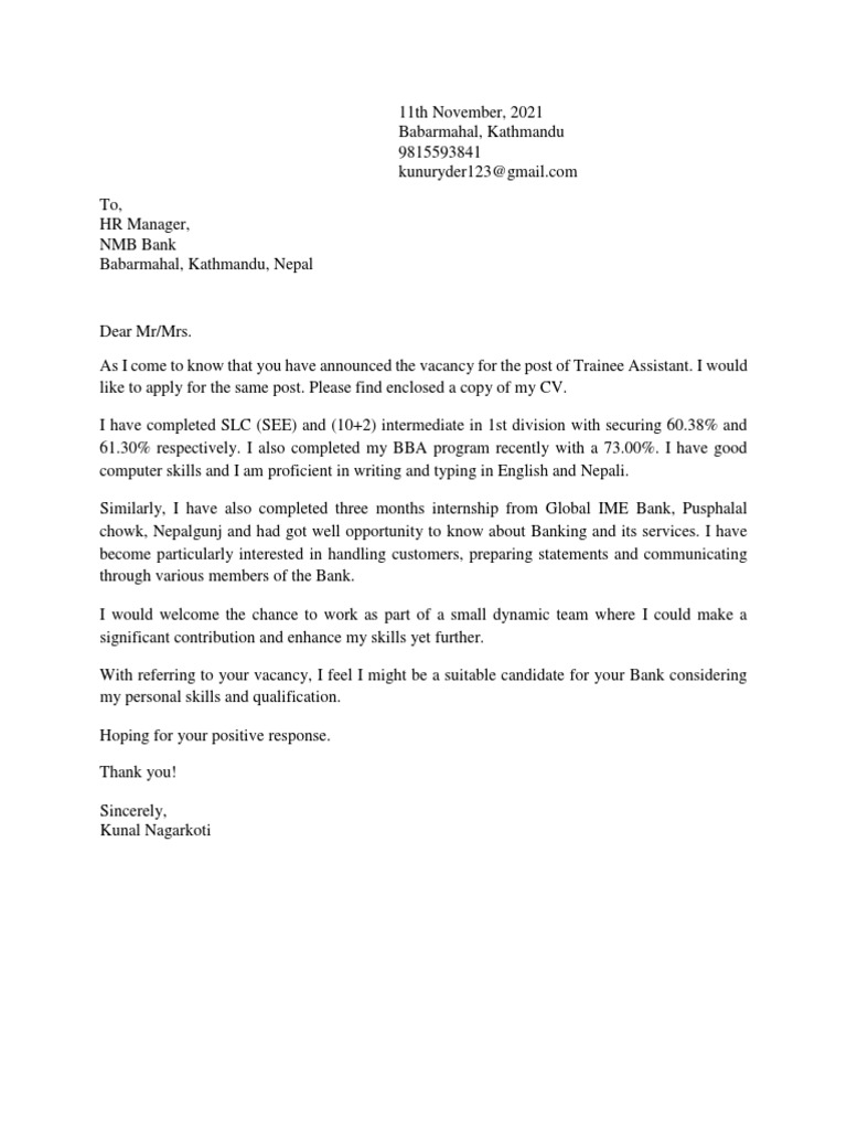 Cover Letter NMB Bank | PDF