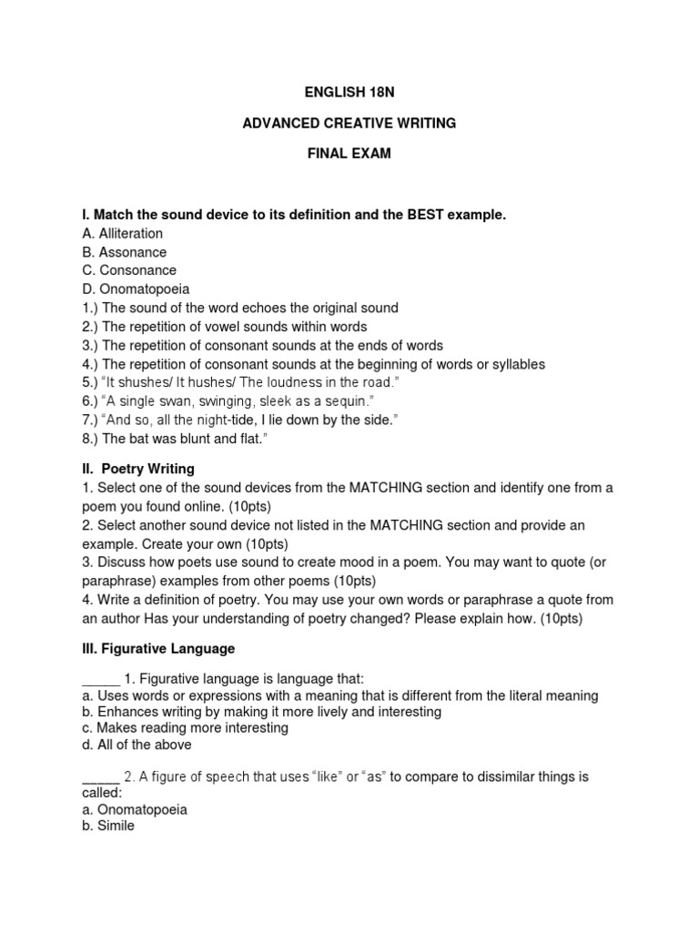 English 18N Advanced Creative Writing Final Exam | PDF | Poetry | Metaphor