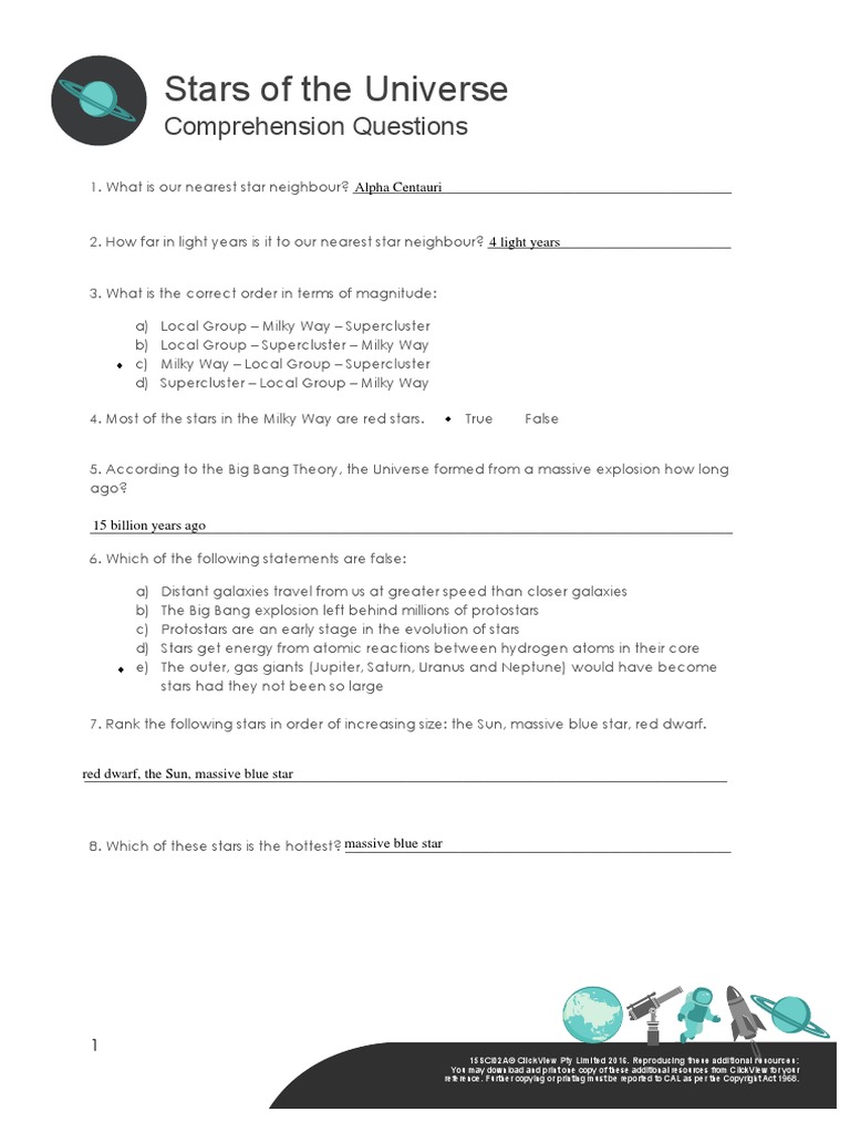 Stars of The Universe: Comprehension Questions | PDF | Stars | Milky Way