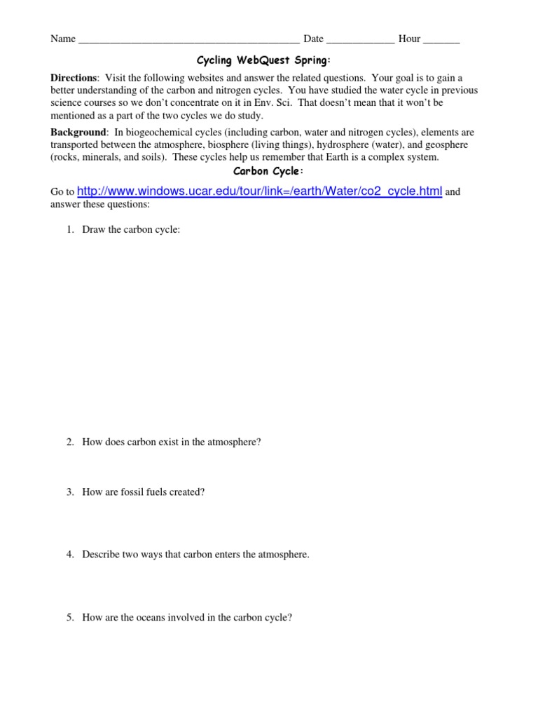 Nitrogen Carbon Cycle Webquest | PDF | Carbon Cycle | Nitrogen